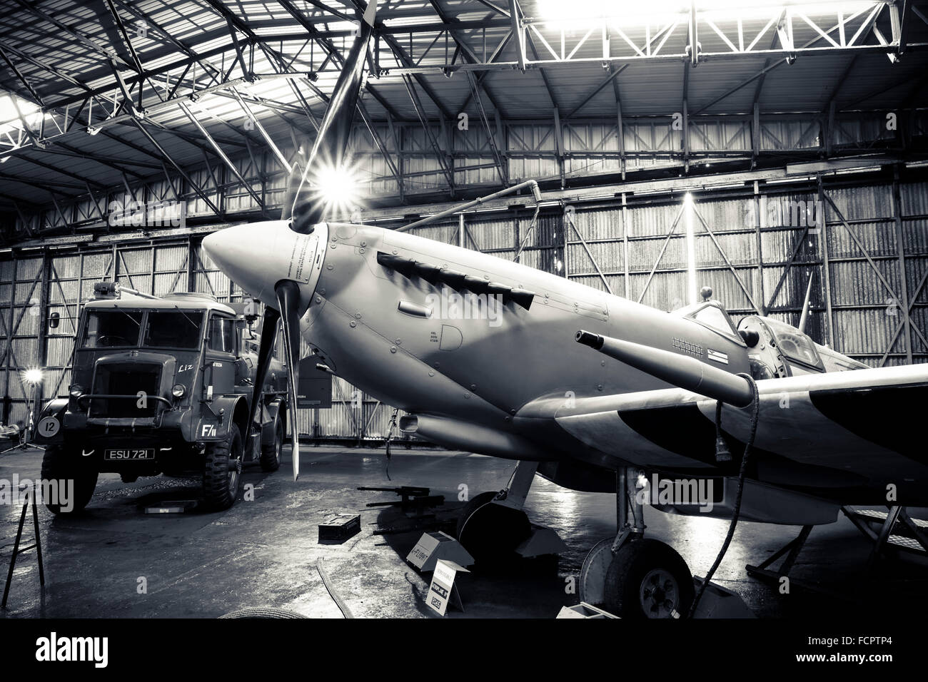 A recreated scene from world war two of an active Spitfire hangar as ...