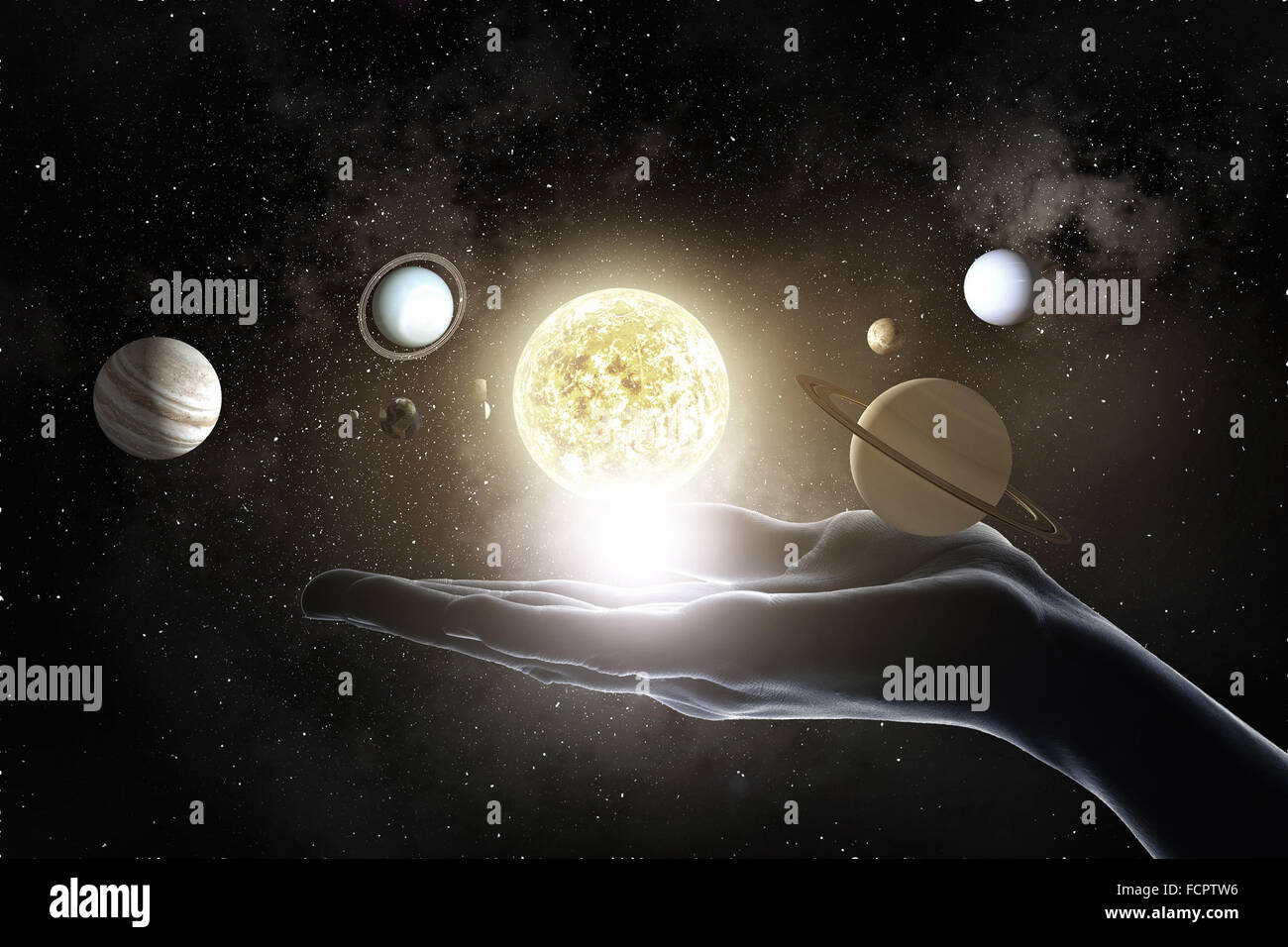 Close up of planet sun system in your hand Stock Photo - Alamy