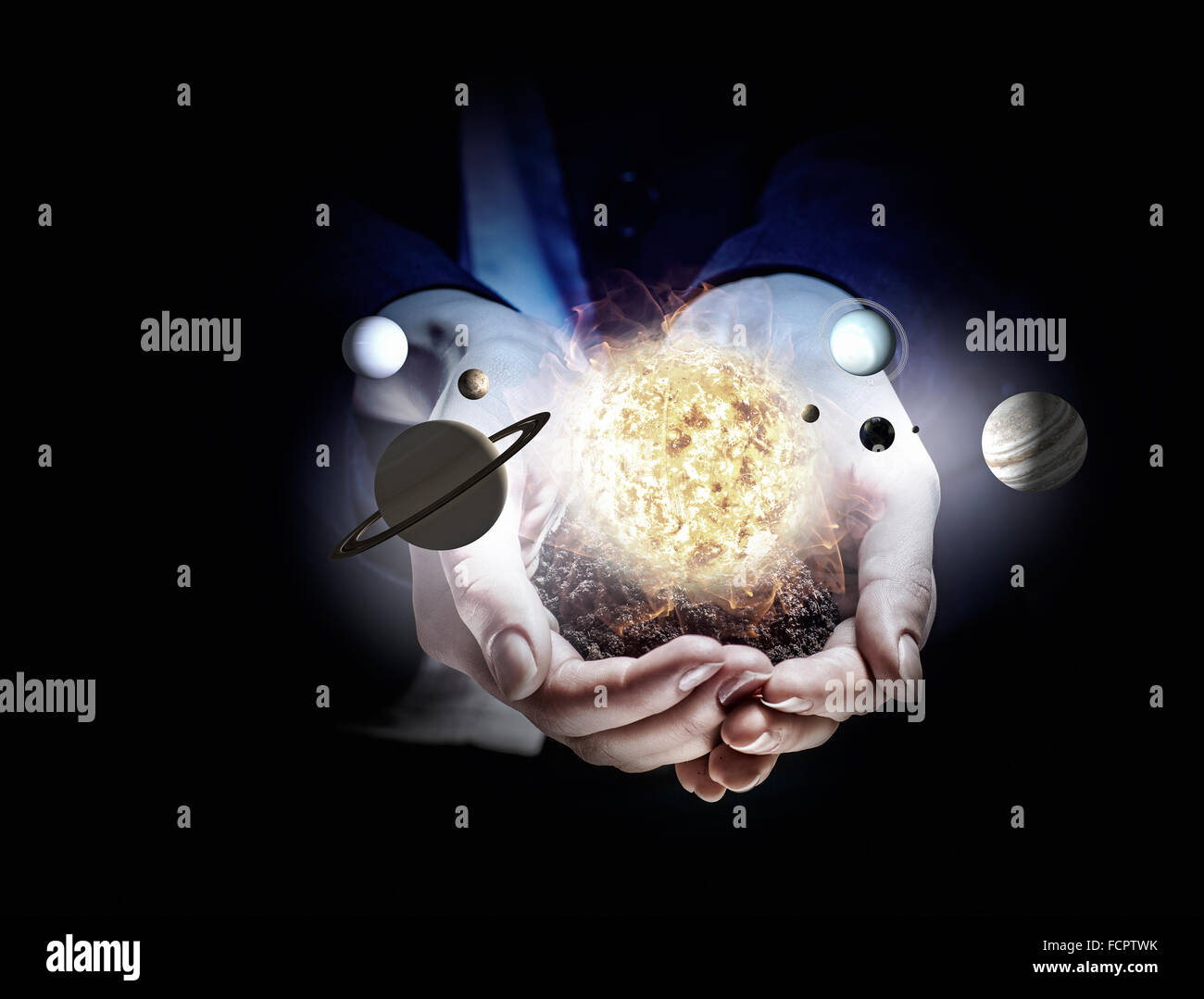 Close up of planet sun system in your hand Stock Photo - Alamy