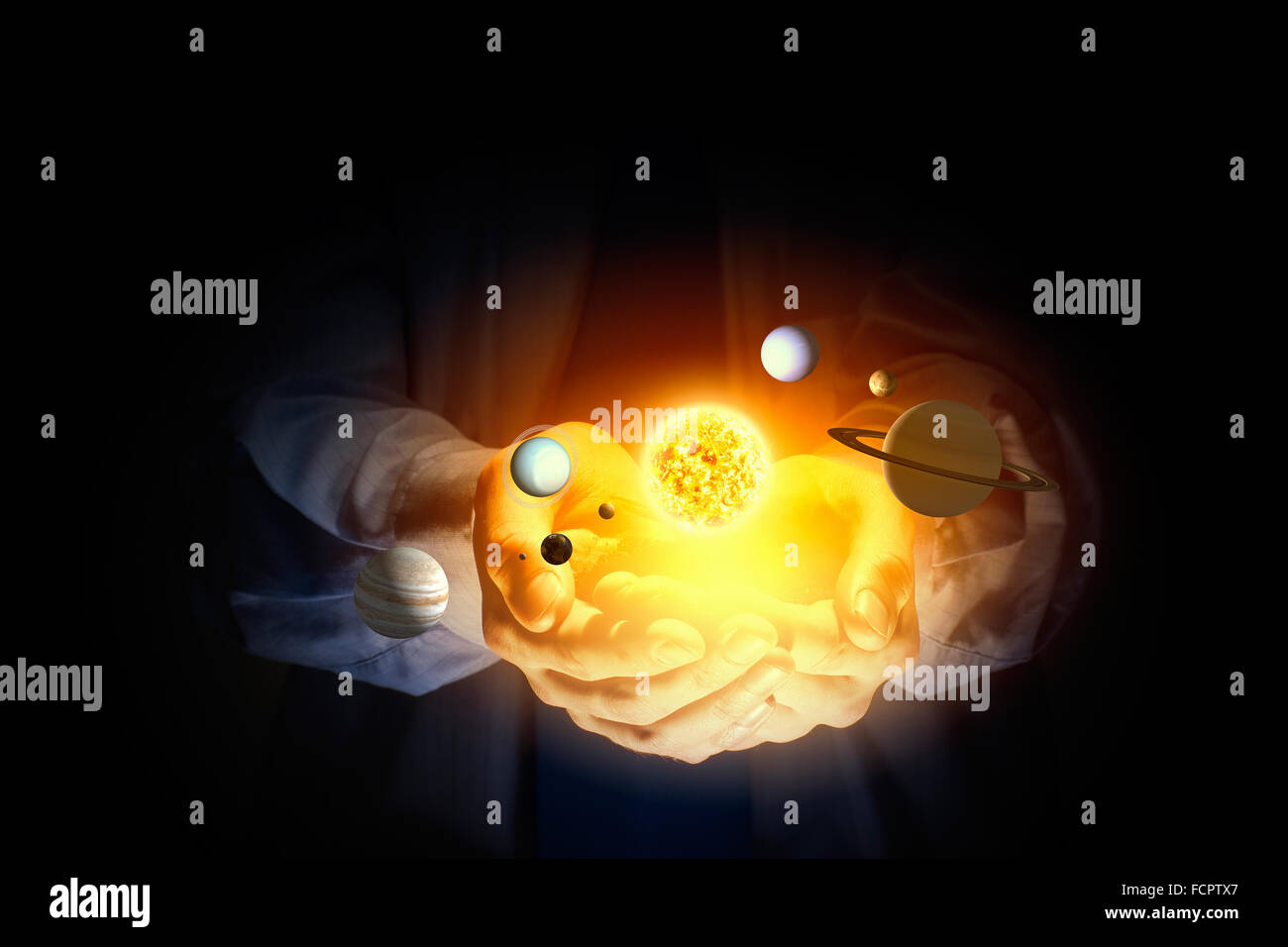 Close up of planet sun system in your hand Stock Photo - Alamy