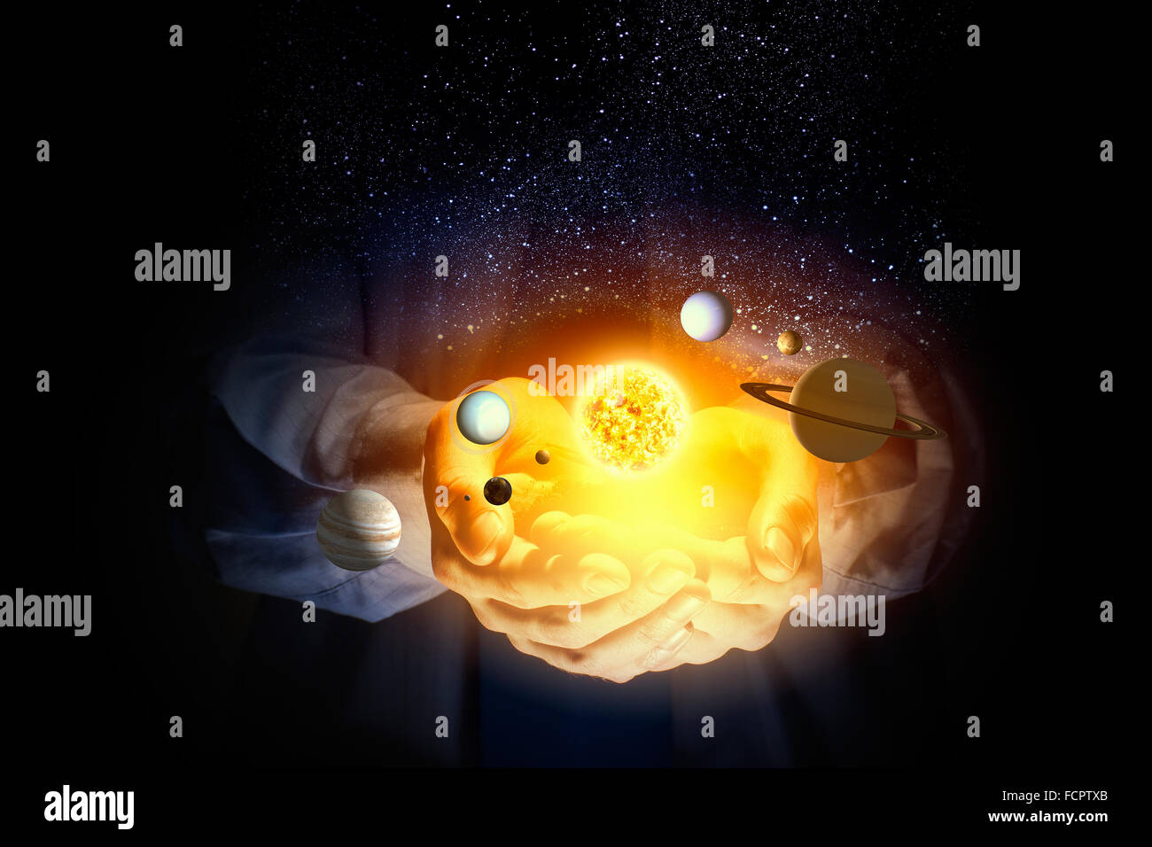 Close up of planet sun system in your hand Stock Photo - Alamy
