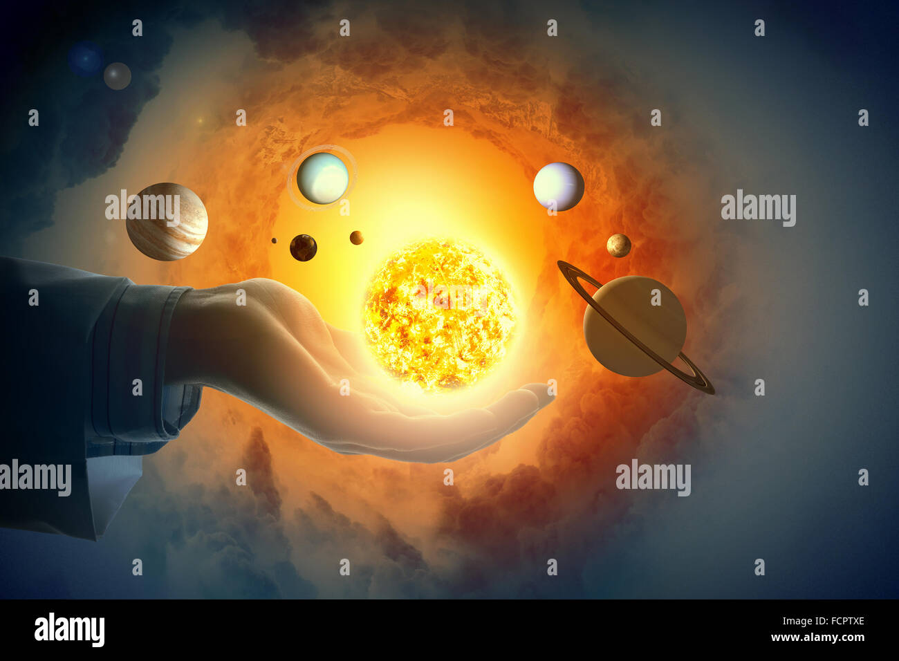 Close up of planet sun system in your hand Stock Photo - Alamy