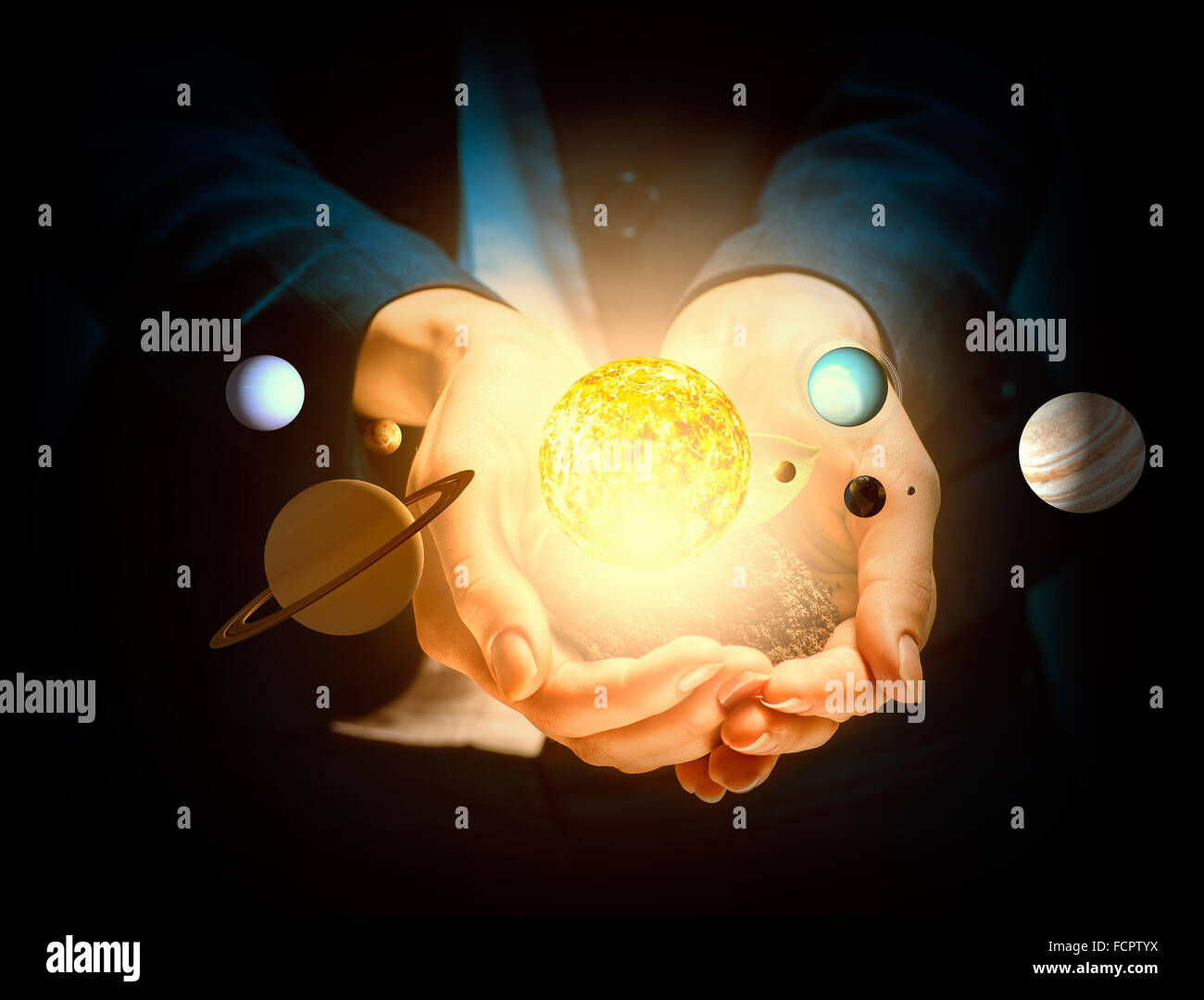 Close up of planet sun system in your hand Stock Photo - Alamy