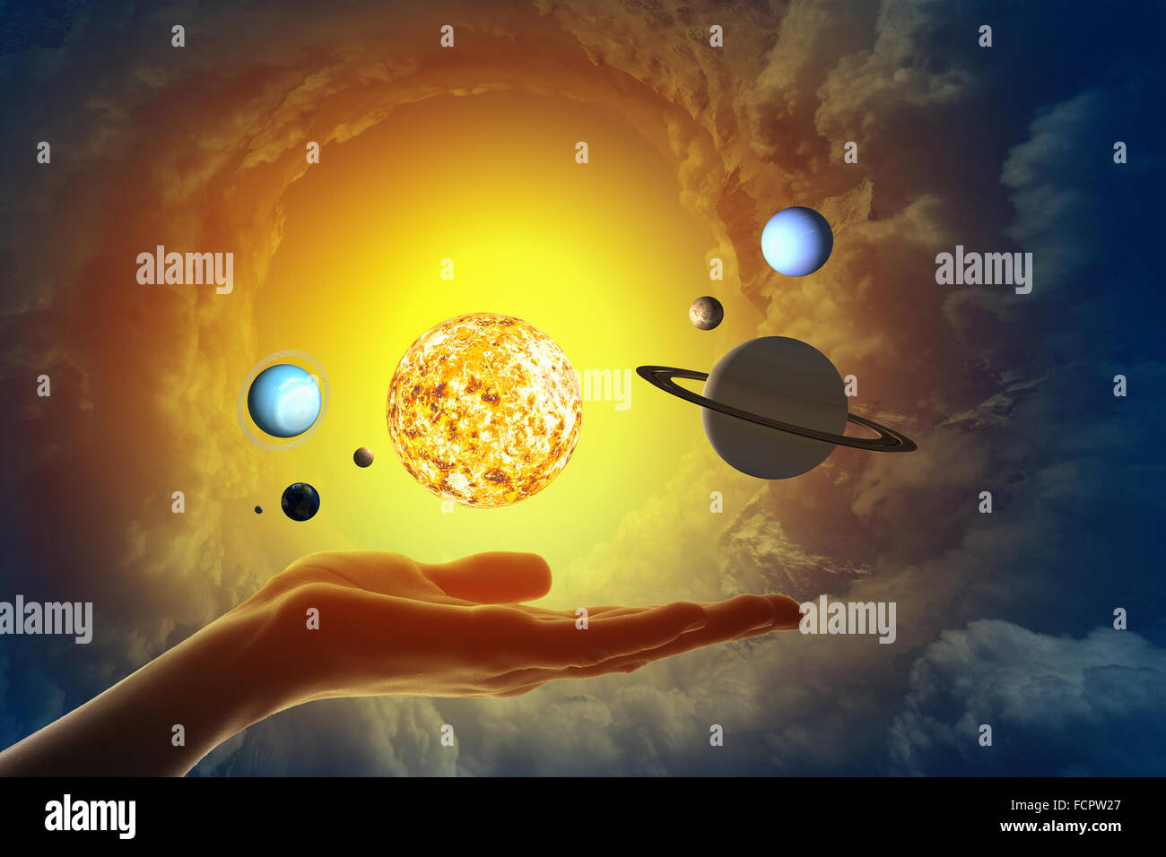Close up of planet sun system in your hand Stock Photo - Alamy