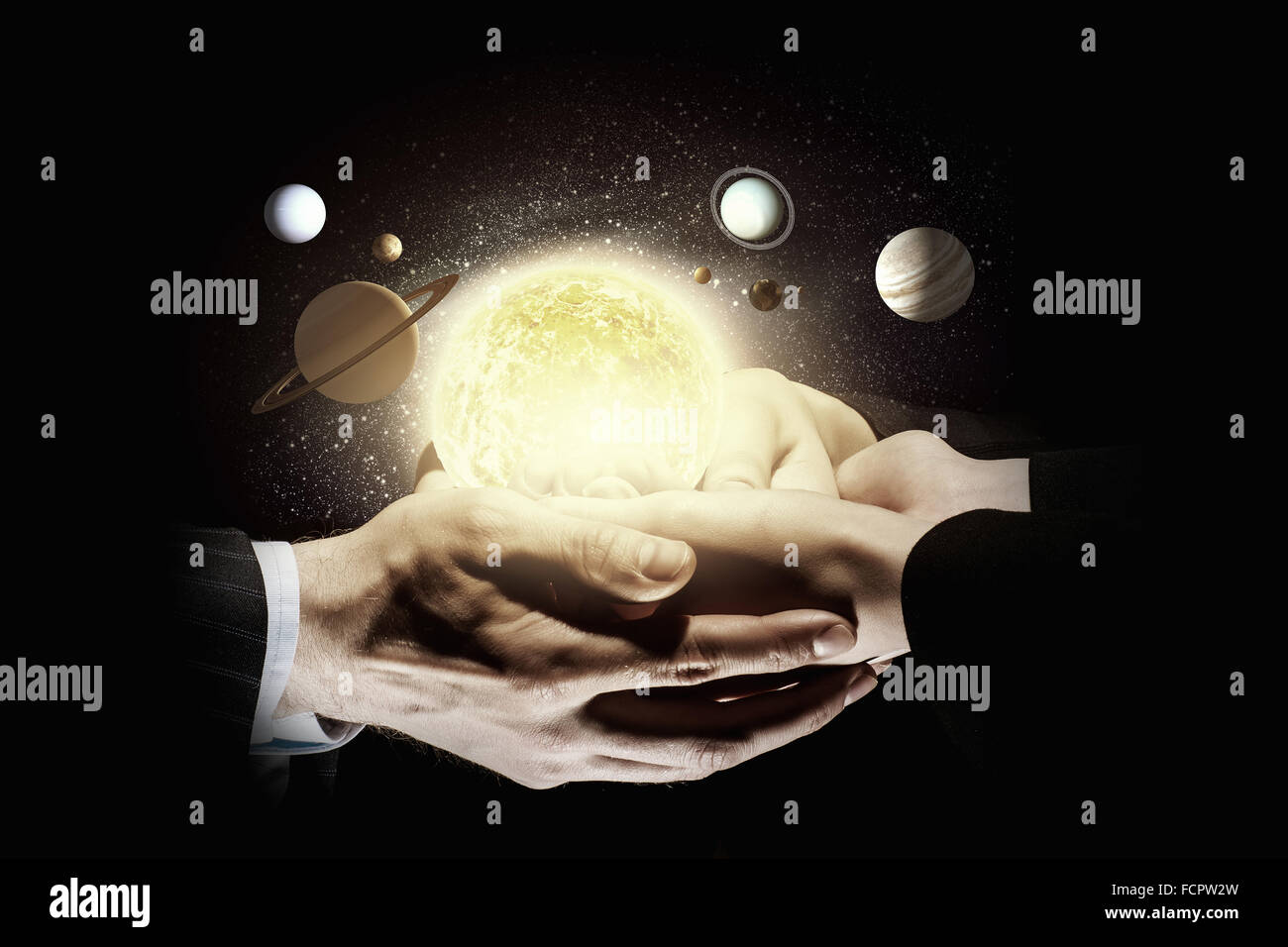 Close up of planet sun system in your hand Stock Photo - Alamy