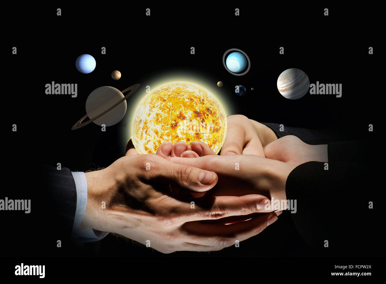 Close up of planet sun system in your hand Stock Photo - Alamy