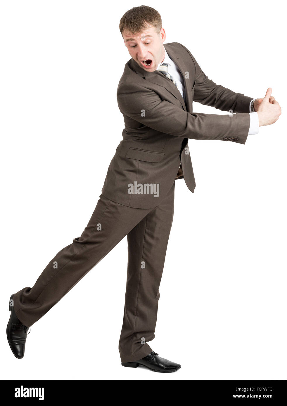 Scared businessman hugging empty space Stock Photo - Alamy