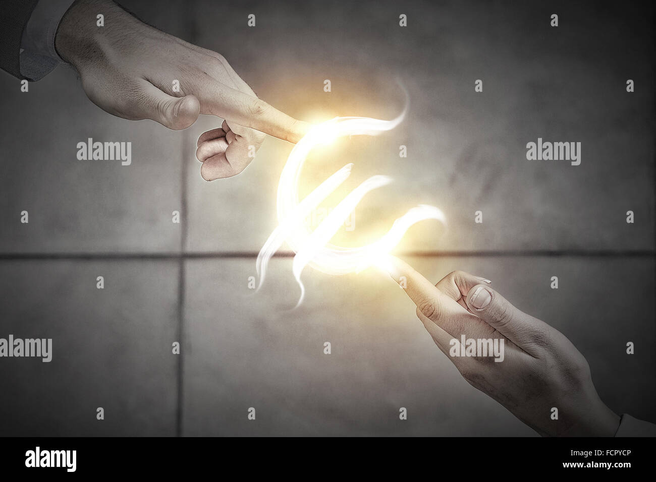 Top view of two businesswpeople reaching fingers to touch each other ...