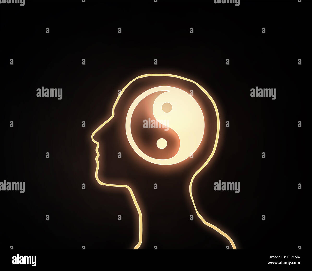 Human head with yin yang icon on dark background Stock Photo - Alamy