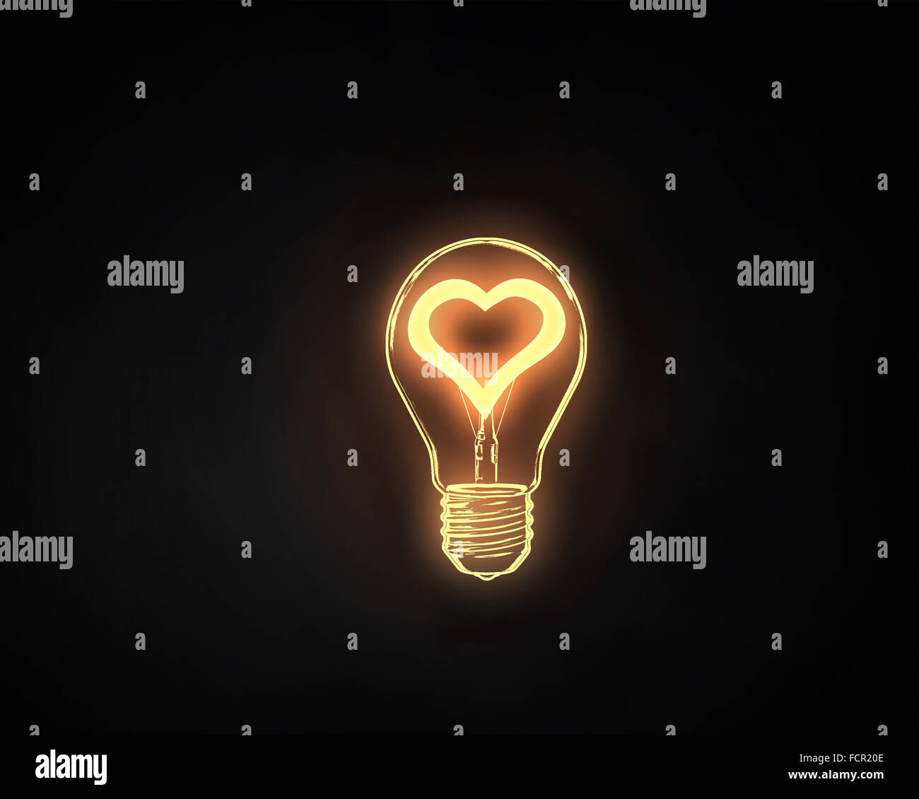 Heart shape in light bulb on black background Stock Photo - Alamy