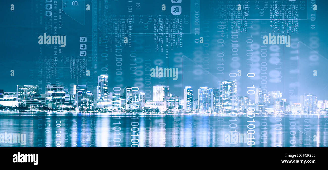 Bird eye view of modern night city with human female eye Stock Photo ...