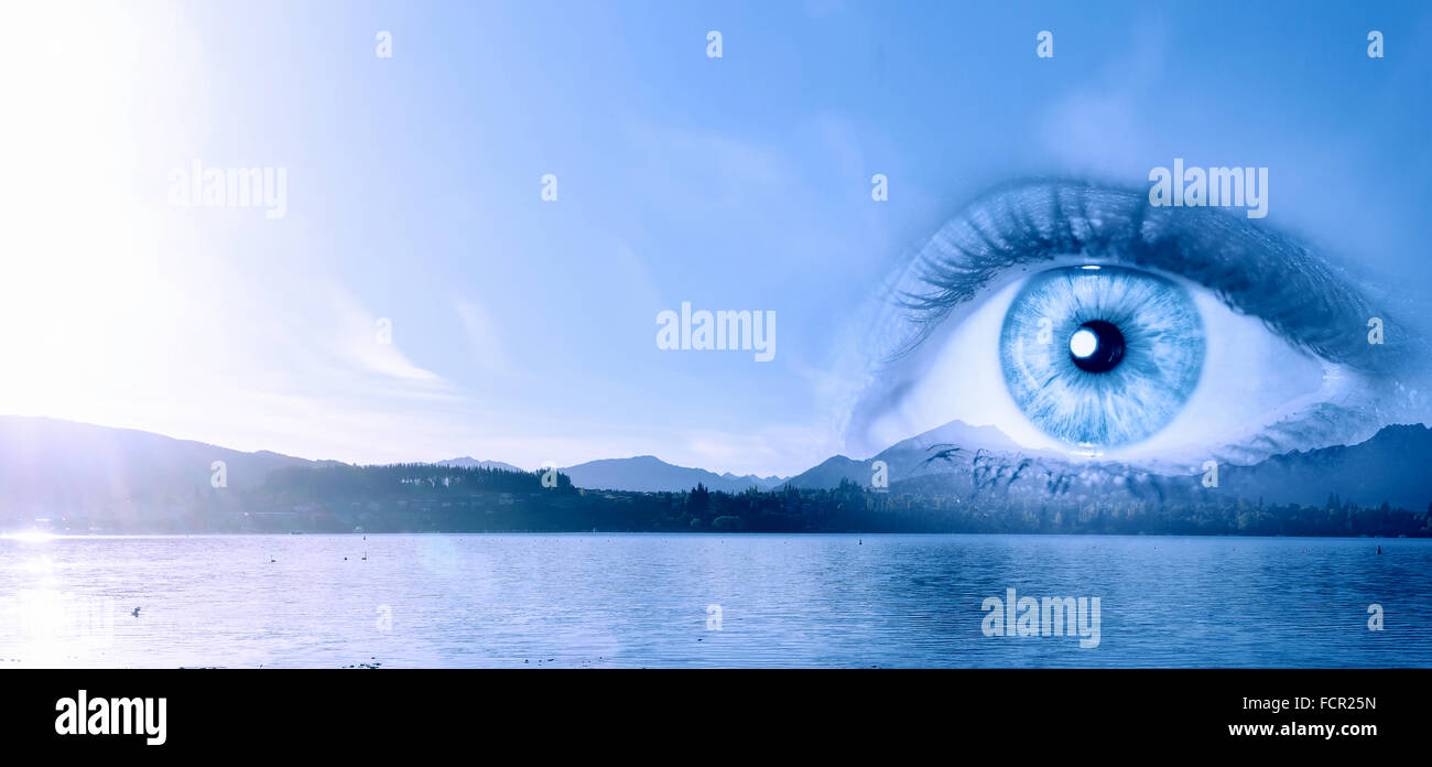 Panoramic view of scienic landscape and female eye Stock Photo - Alamy