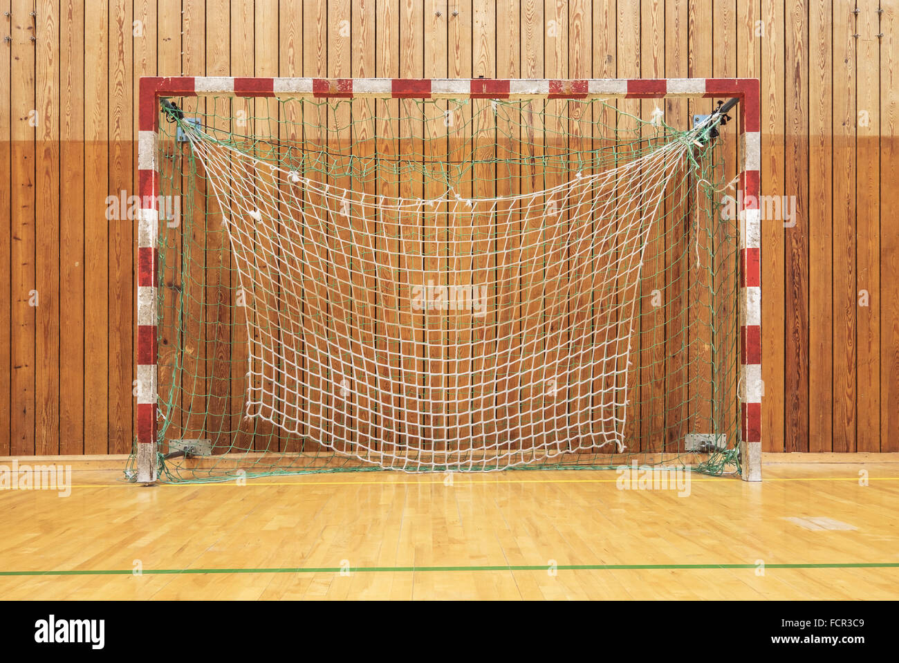The soccer goal in an old multisport gymhall Stock Photo - Alamy