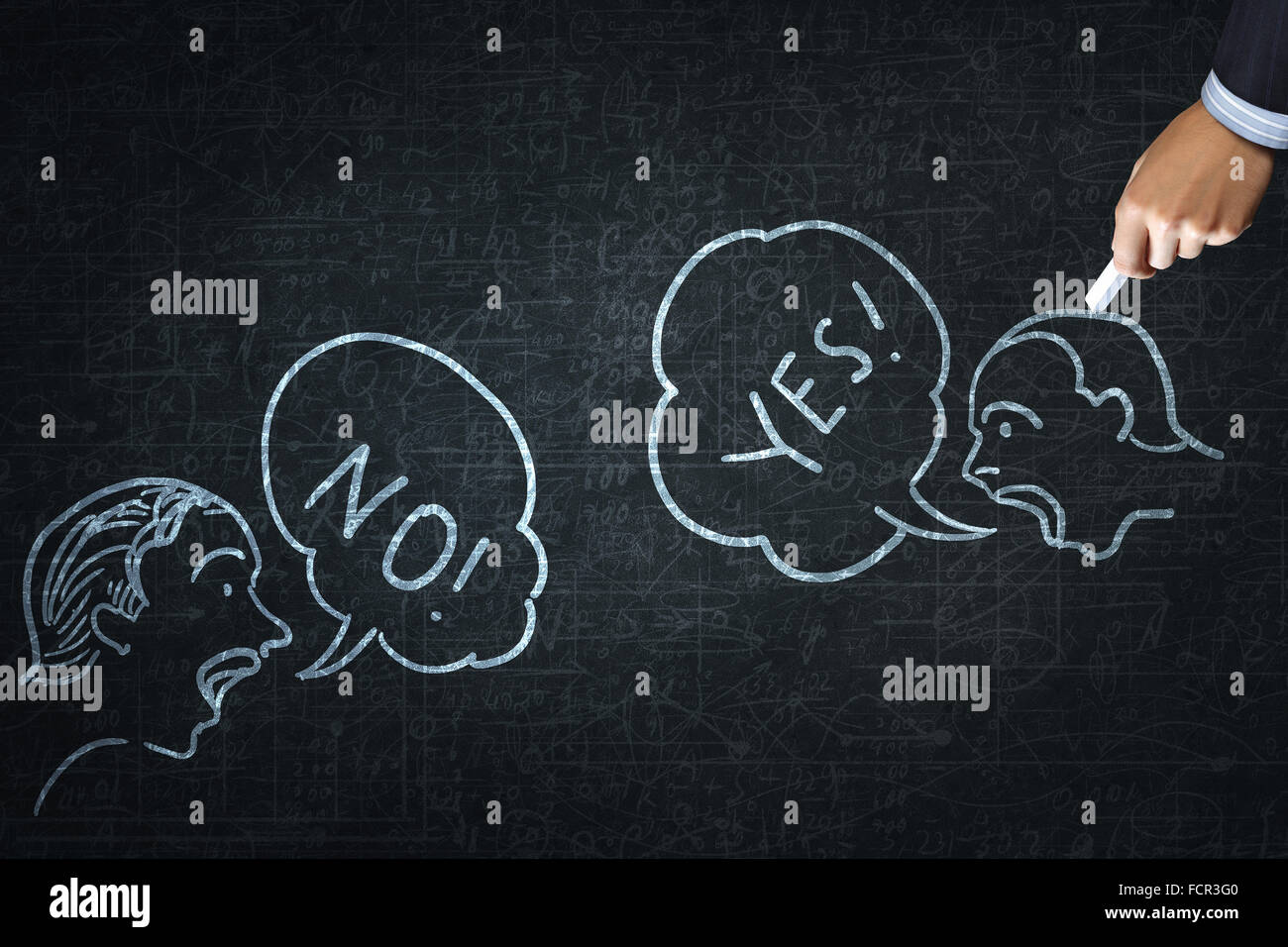 Close up of hand drawing dialogue between two on blackboard Stock Photo ...