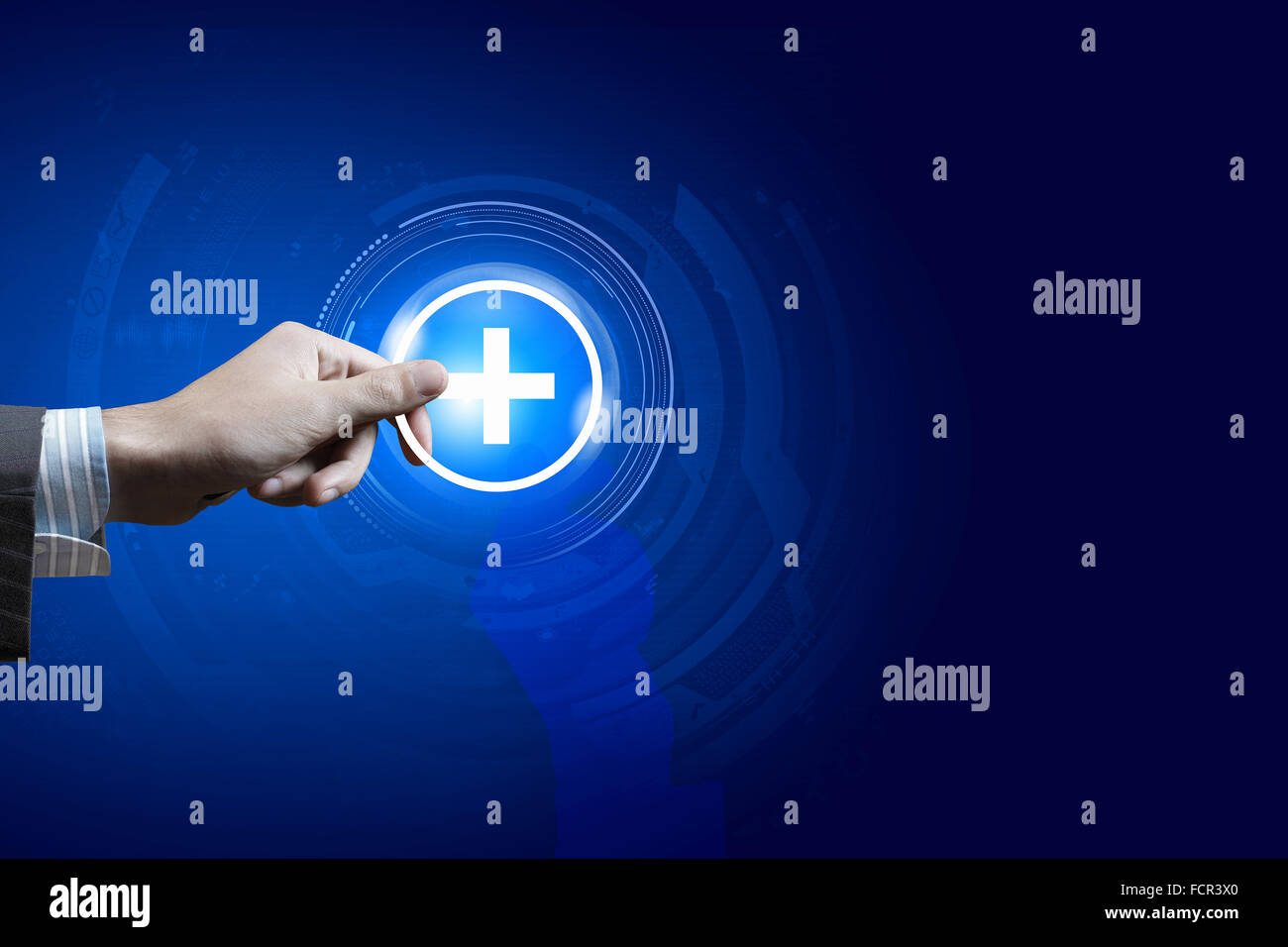 Hand pressing plus sign icon button on screen Stock Photo - Alamy