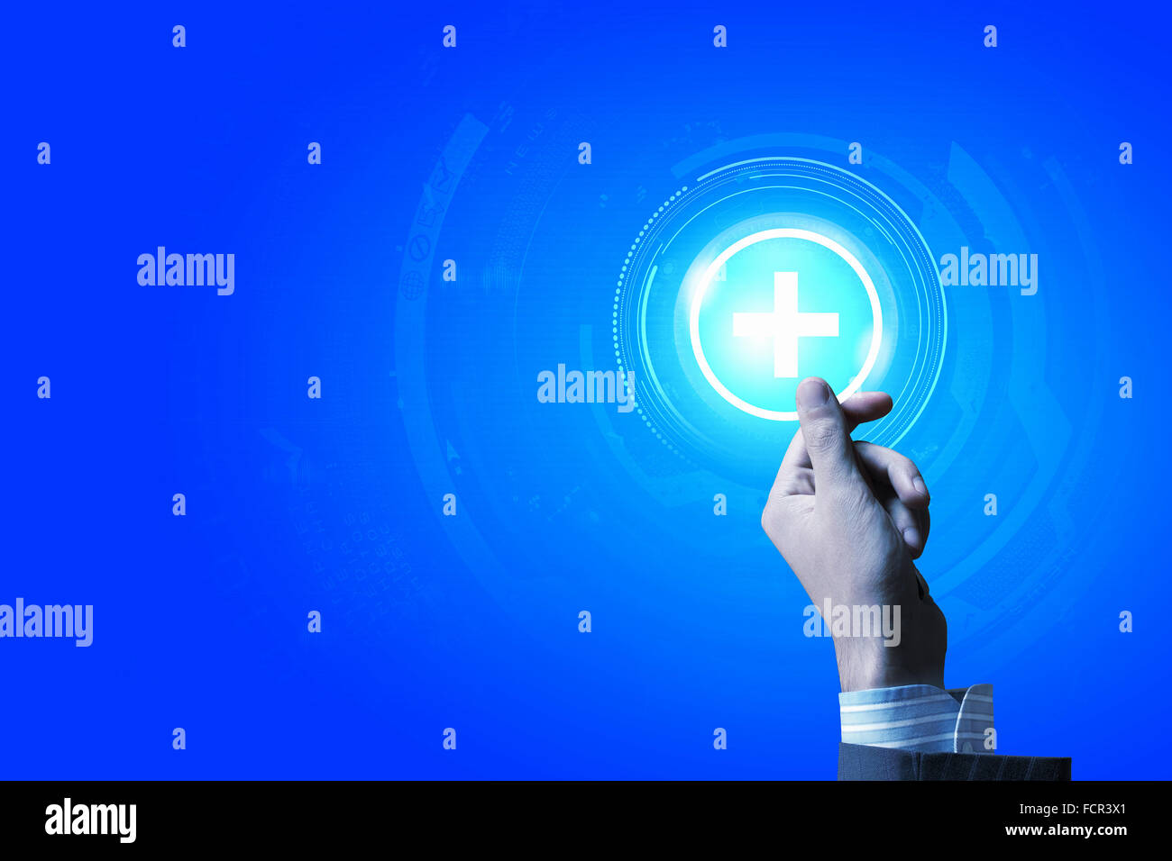 Hand pressing plus sign icon button on screen Stock Photo - Alamy