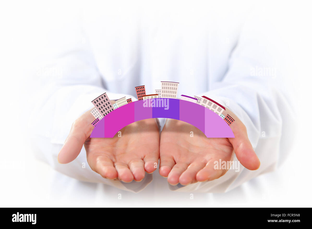 Close up of human hands with urban buildings Stock Photo - Alamy