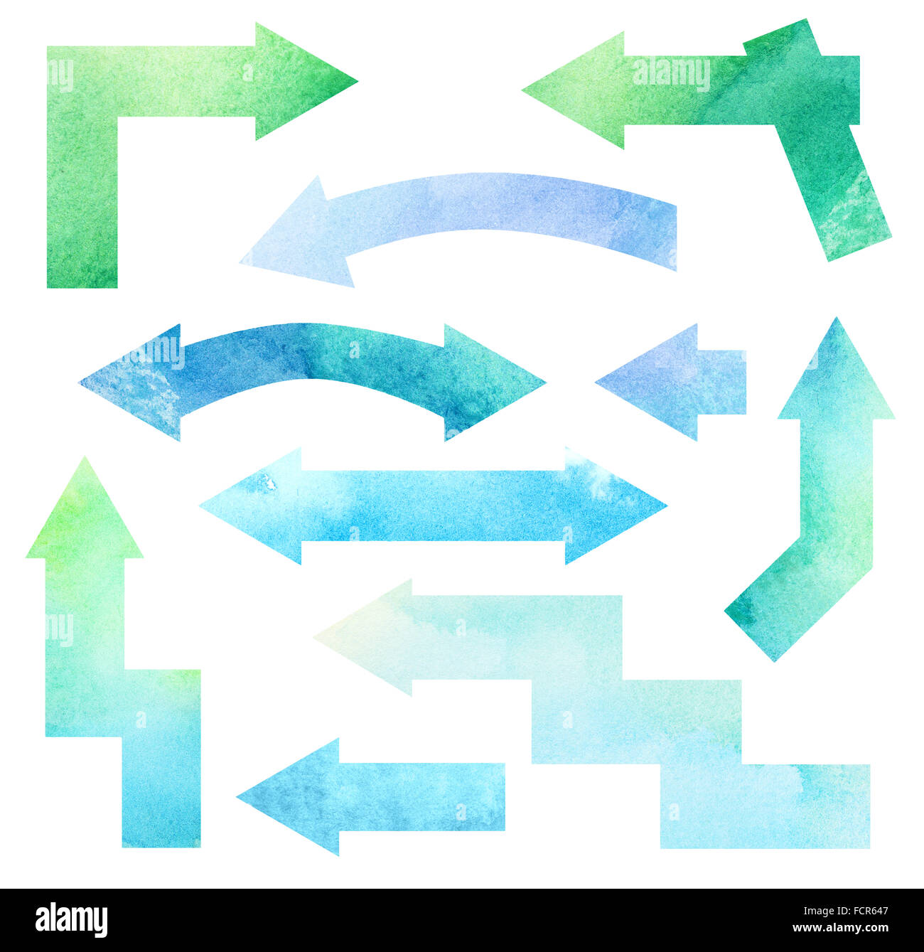 Set of blue, green watercolor arrows isolated on white background Stock ...