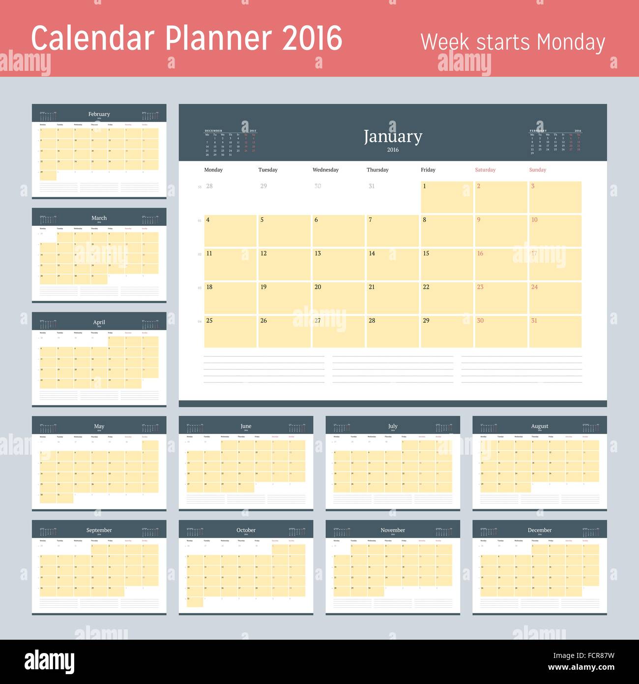 Calendar Planner for 2016 Year. Vector Design Print Template. Week ...