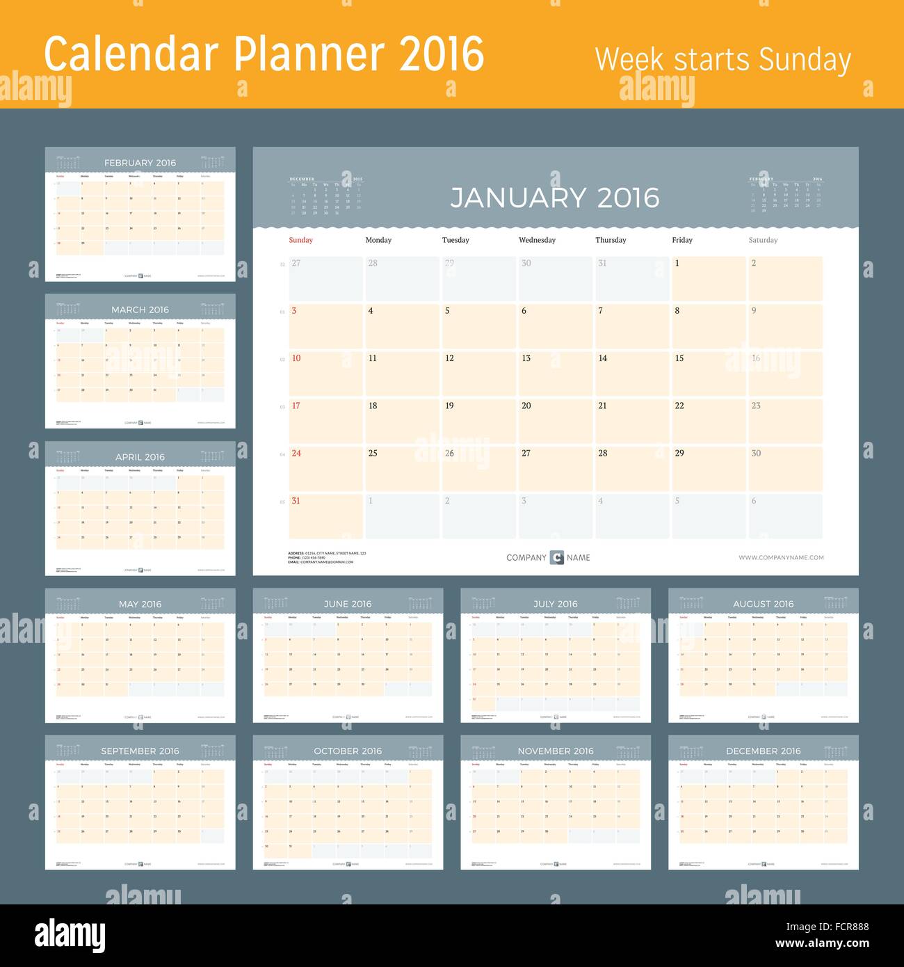 Calendar Planner for 2016 Year. Vector Design Print Template. Week ...