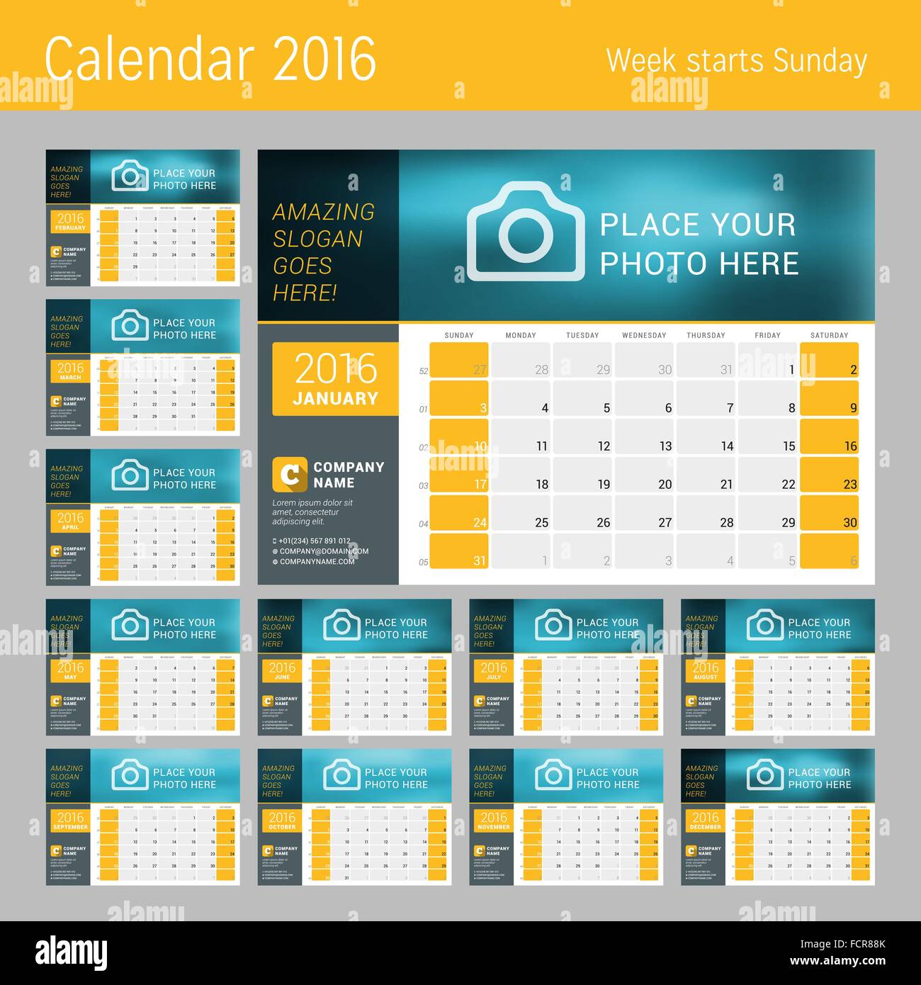 Calendar for 2016 Year. Vector Design Print Template. Week Starts ...
