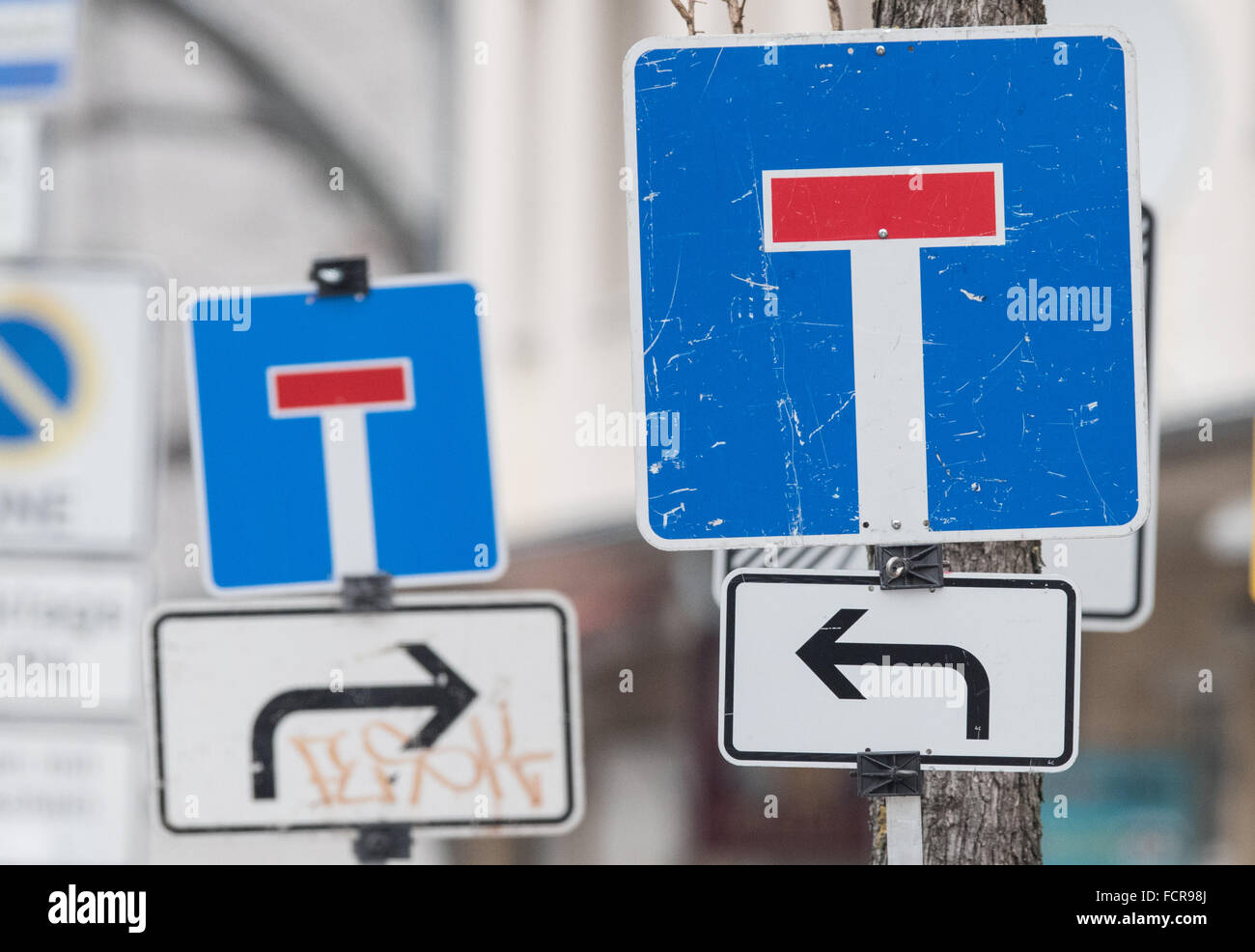 Two Dead End signs indicate two different directions in Freiburg ...