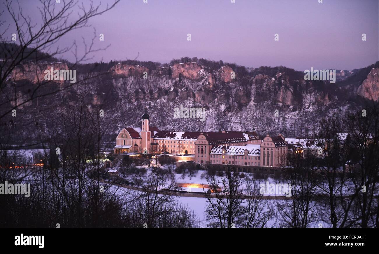 Beuron, Germany. 20th Jan, 2016. The Beuron Archabbey is lit up at ...