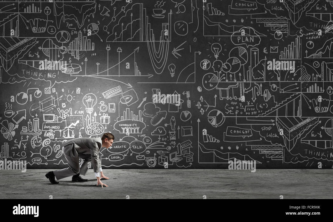 Funny image of running businessman on background of business plan Stock ...