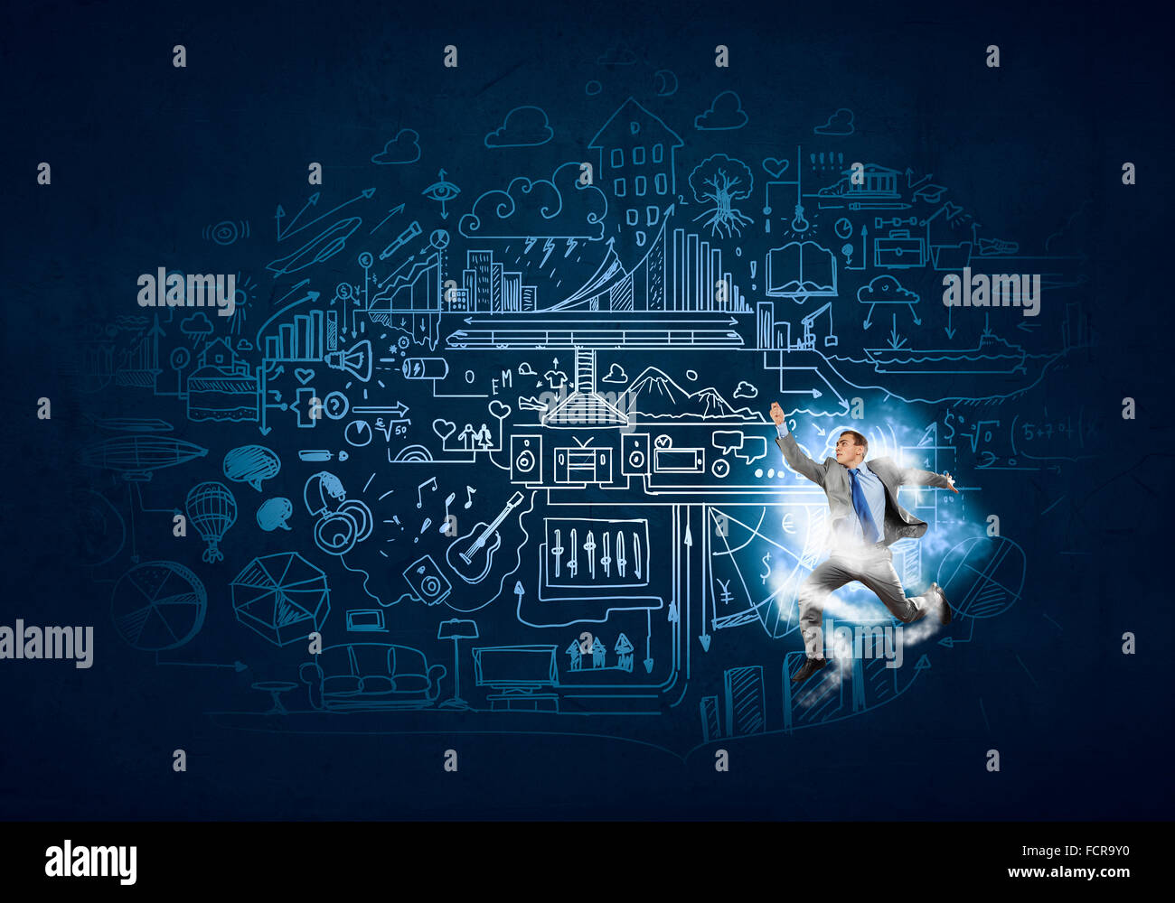 Funny image of running businessman on background of business plan Stock ...