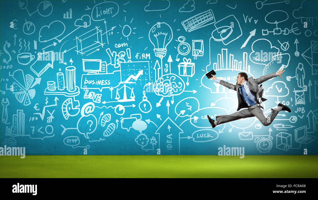 Funny image of running businessman on background of business plan Stock ...