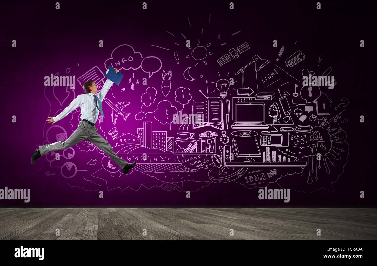 Funny image of running businessman on background of business plan Stock ...