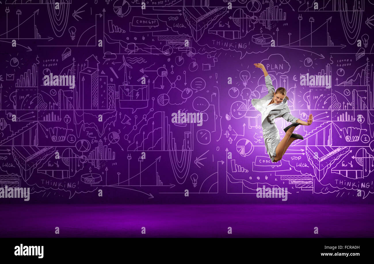 Funny image of running businesswoman on background of business plan ...