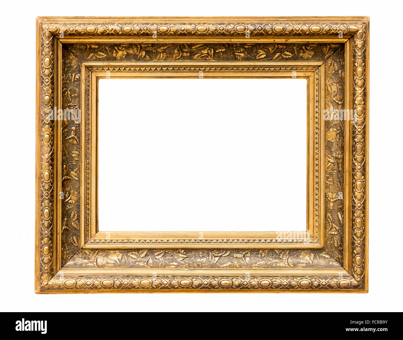 Rectangle decorative golden picture frame isolated on white background ...