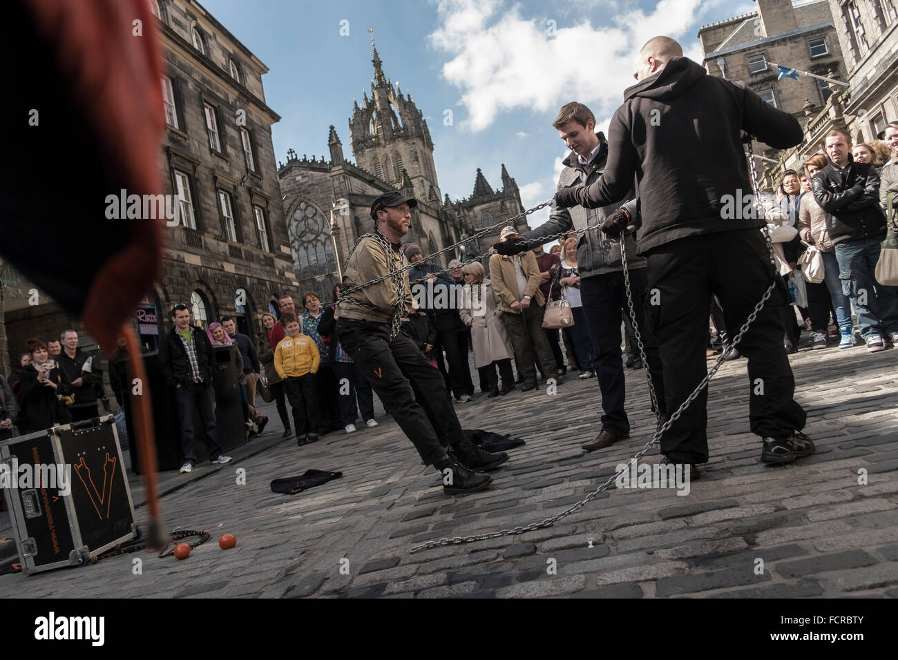 Street performers, straitjacket, chains, Firth of Forth, Red, Festival ...