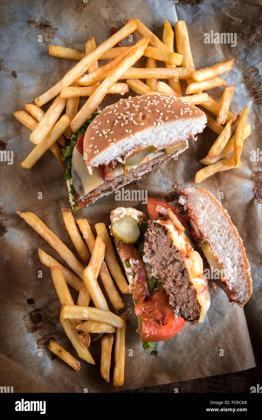 Juicy beef burger and french fries,selective focus Stock Photo - Alamy