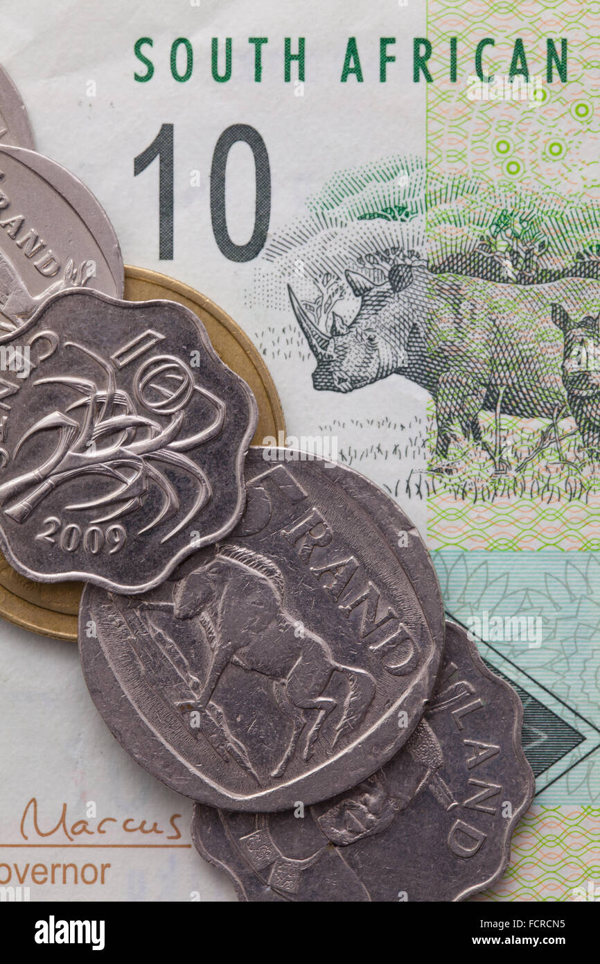 Different banknote and coins of Rand of South Africa Stock Photo - Alamy