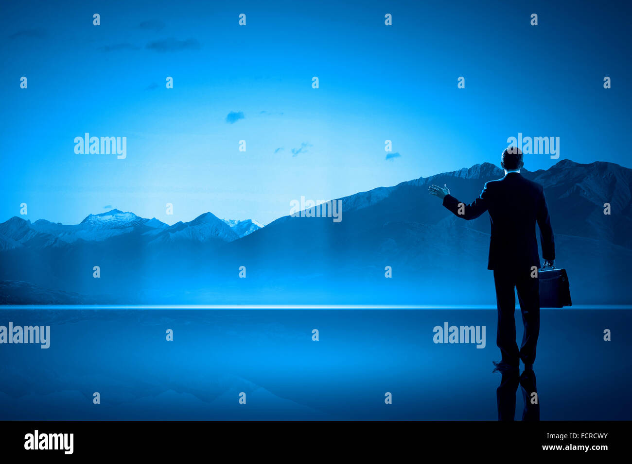 Rear view of businessman looking at picturesque nature landscape Stock ...