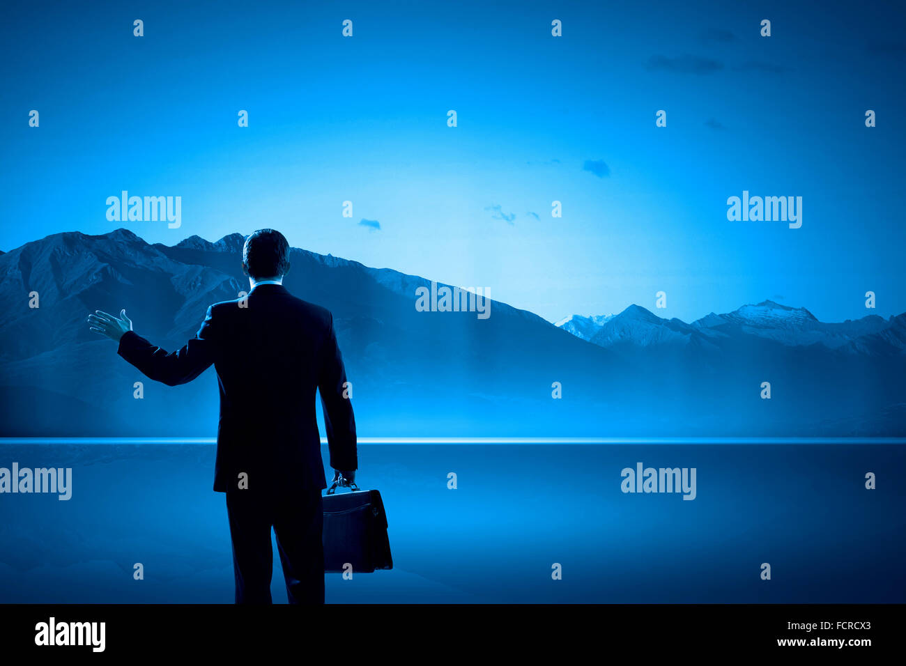 Rear view of businessman looking at picturesque nature landscape Stock ...
