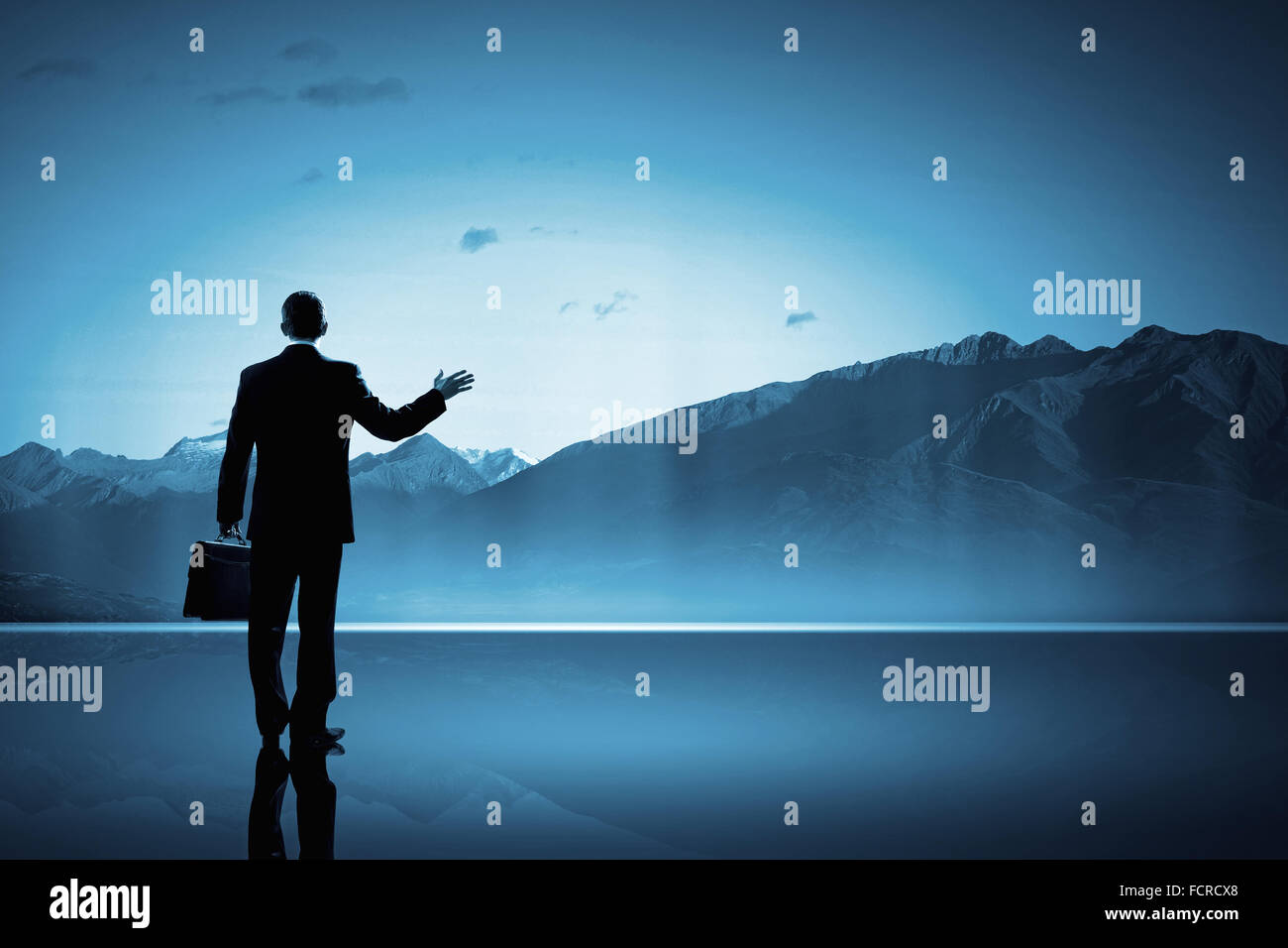 Rear view of businessman looking at picturesque nature landscape Stock ...