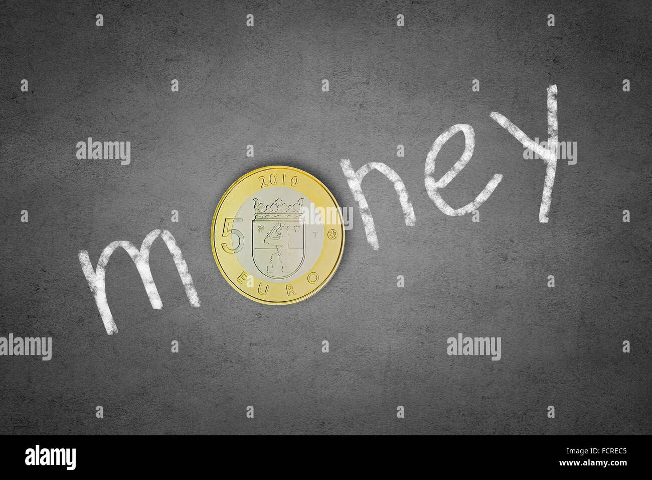 Word money with fife euro coin instead of letter O Stock Photo - Alamy