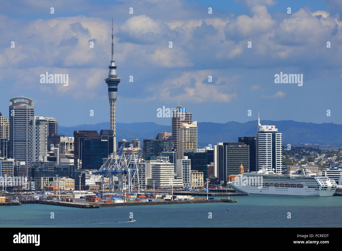 View of Auckland cityscape and harbour, including Sky Tower and cruise ...