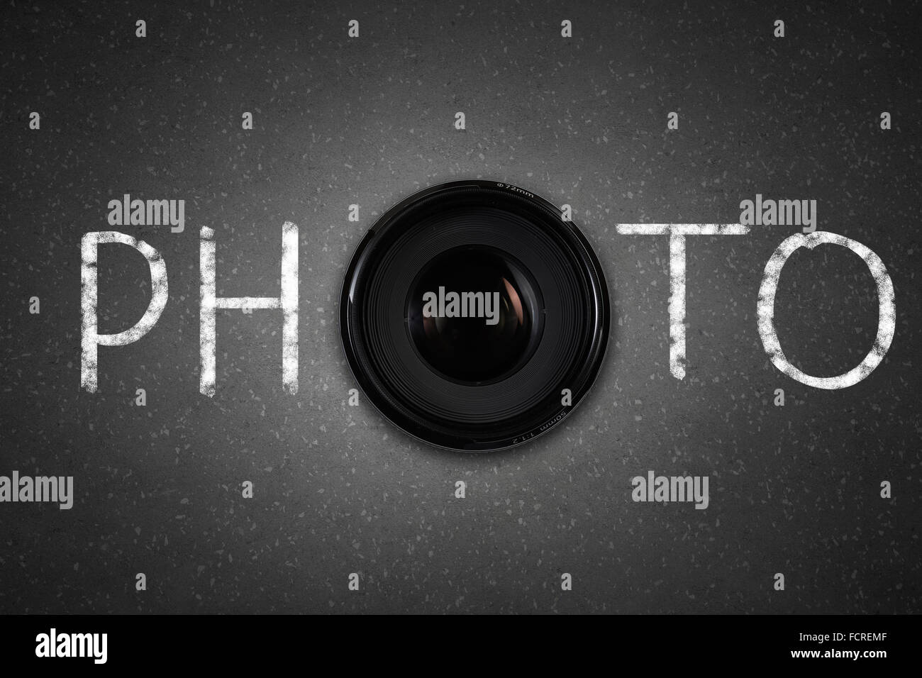 Word photo with camera zoom instead of letter O Stock Photo - Alamy