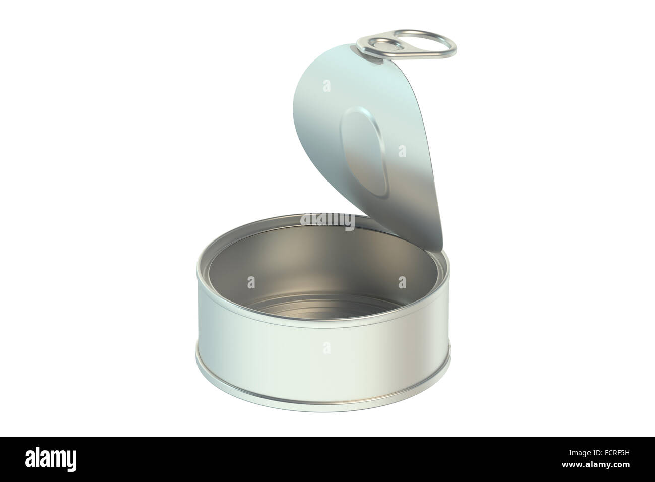 Empty opened tin can isolated on white background Stock Photo - Alamy