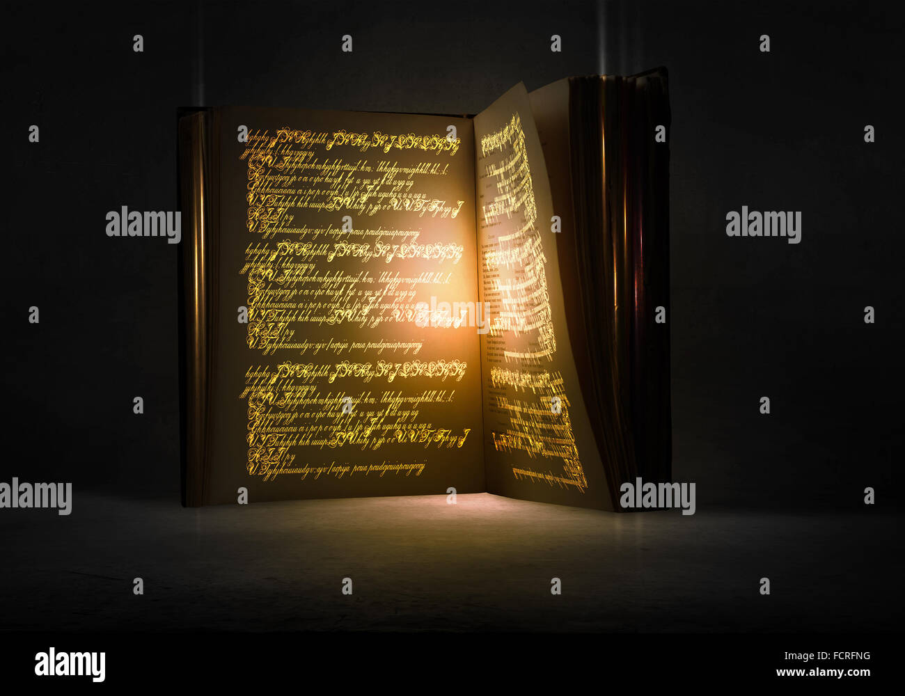 Old black magic book with lights on pages Stock Photo - Alamy