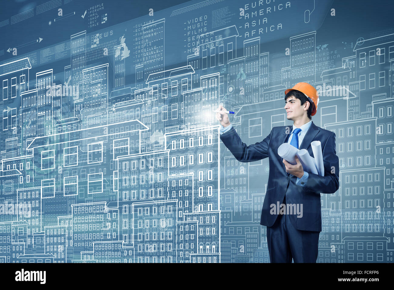 Young man engineer in helmet drawing construction project Stock Photo - Alamy