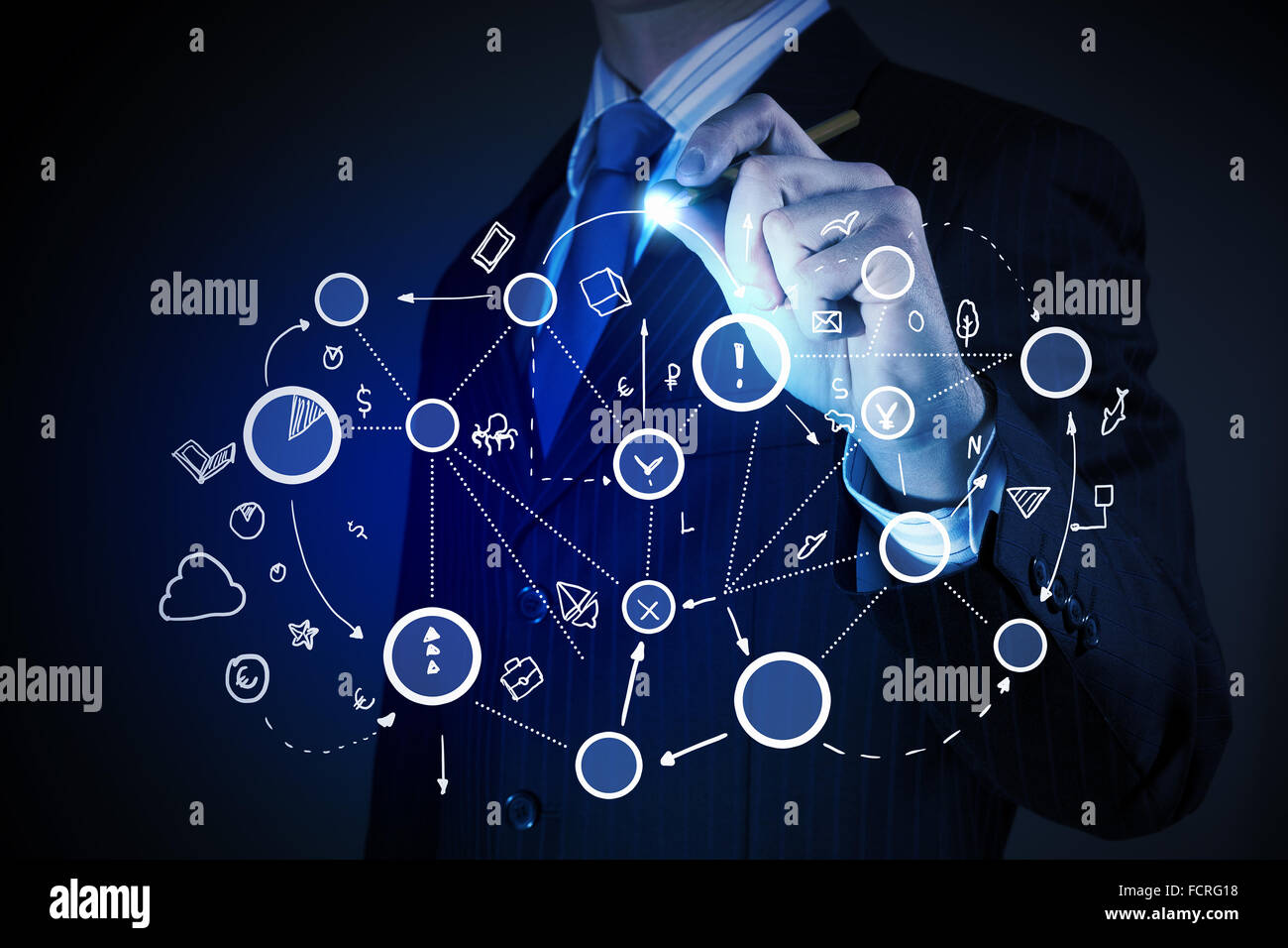 Close up of businessman drawing connection lines on screen Stock Photo ...