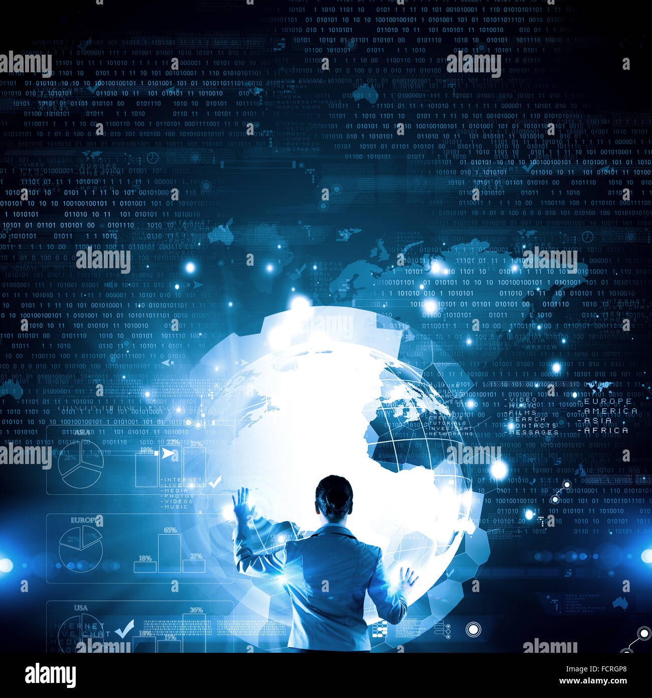 Back view of businesswoman working with modern virtual technologies ...