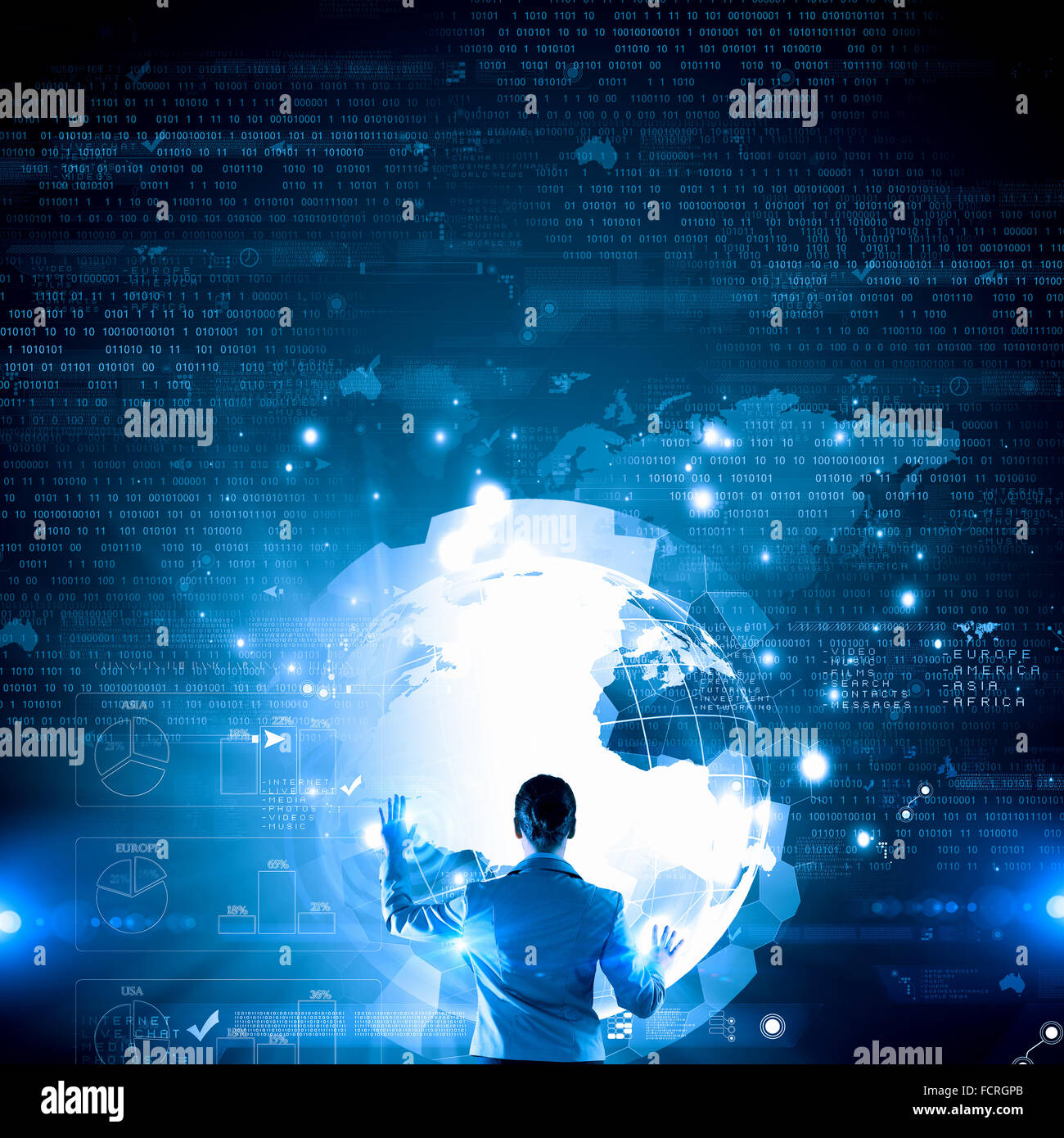 Back view of businesswoman working with modern virtual technologies Stock Photo - Alamy