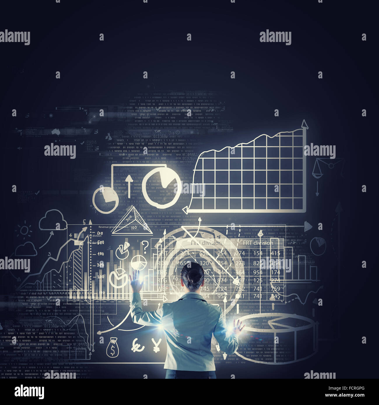 Back view of businesswoman working with modern virtual technologies ...