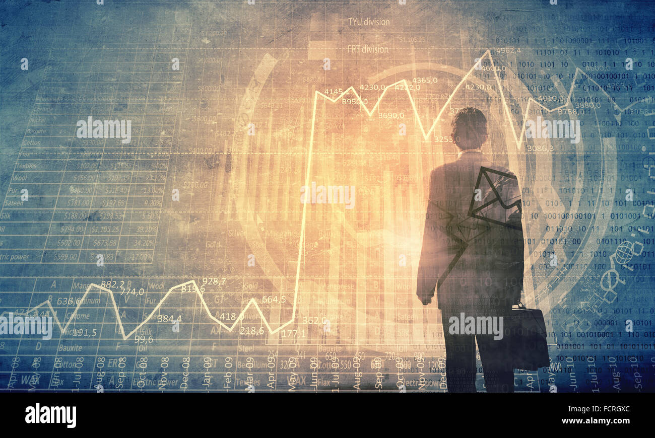 Back view of businessman and graphs at background Stock Photo - Alamy
